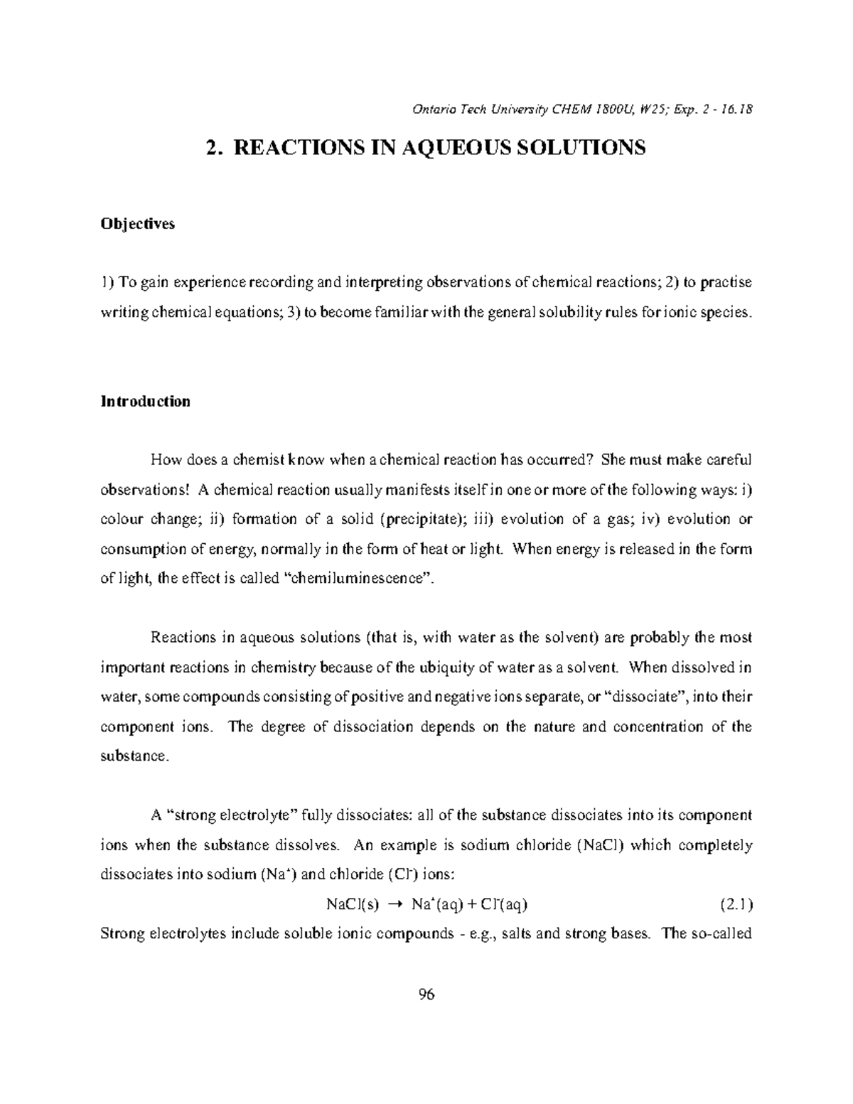 Ontario Tech University CHEM 1800U, Exp. 2: Reactions in Aqueous ...