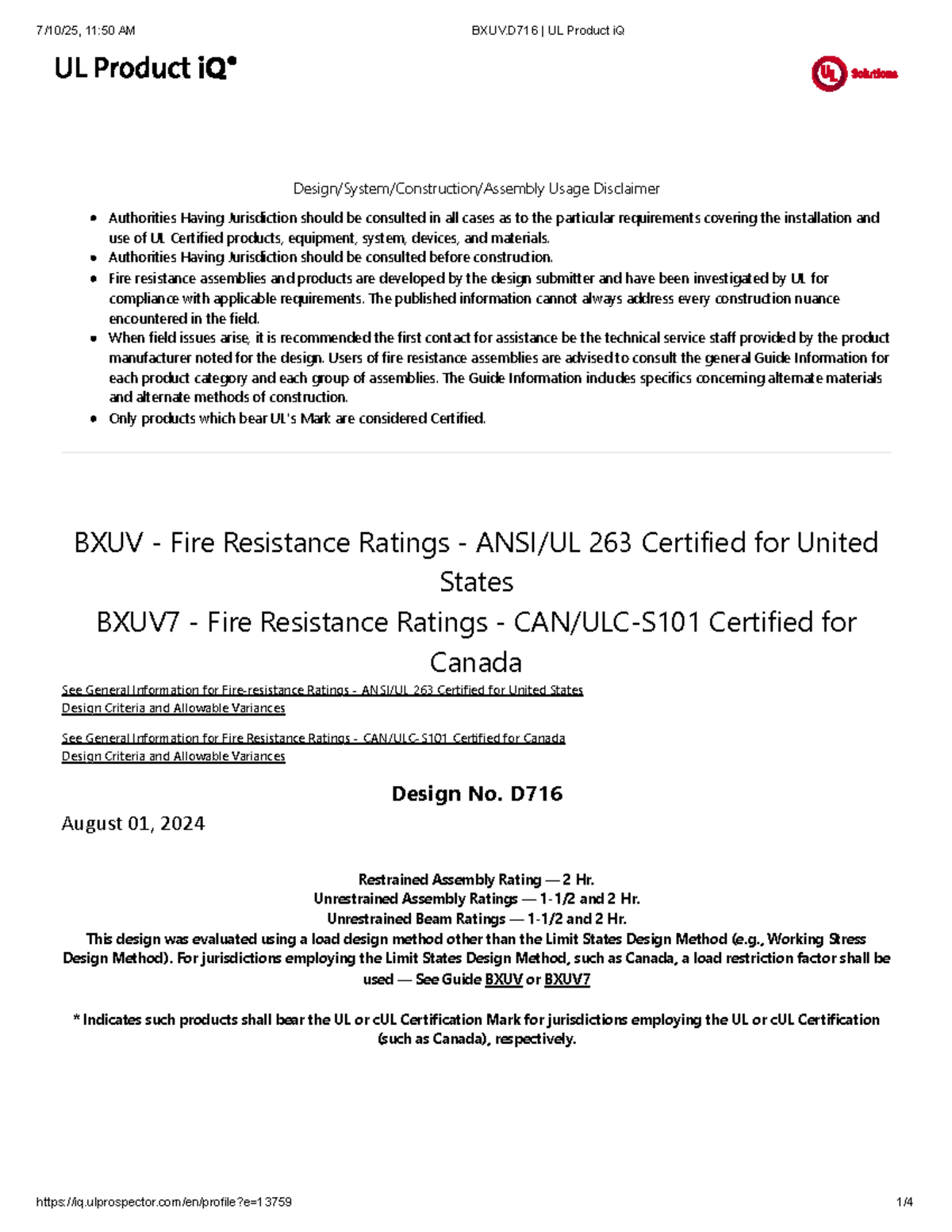 BXUV.D716 UL Product iQ Fire Resistance Ratings Overview - Studocu