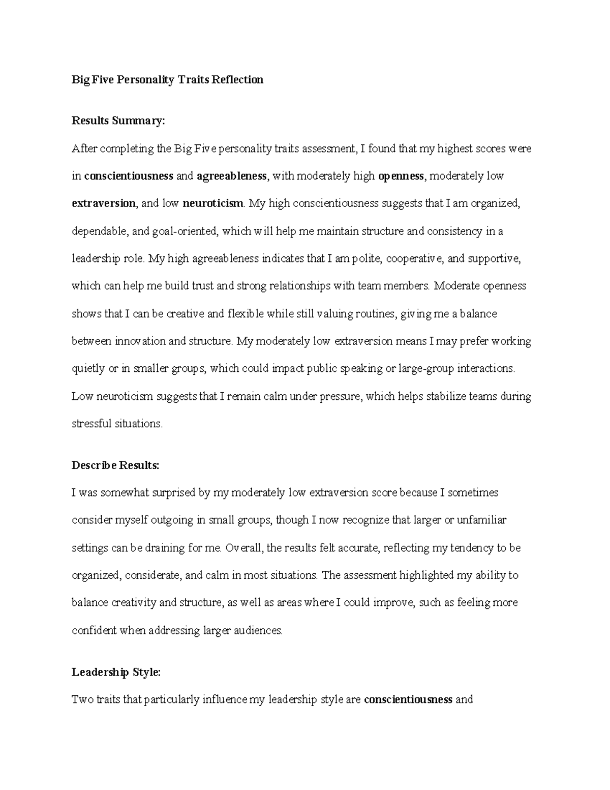 Big Five Personality Traits Reflection Summary: Results & Insights ...