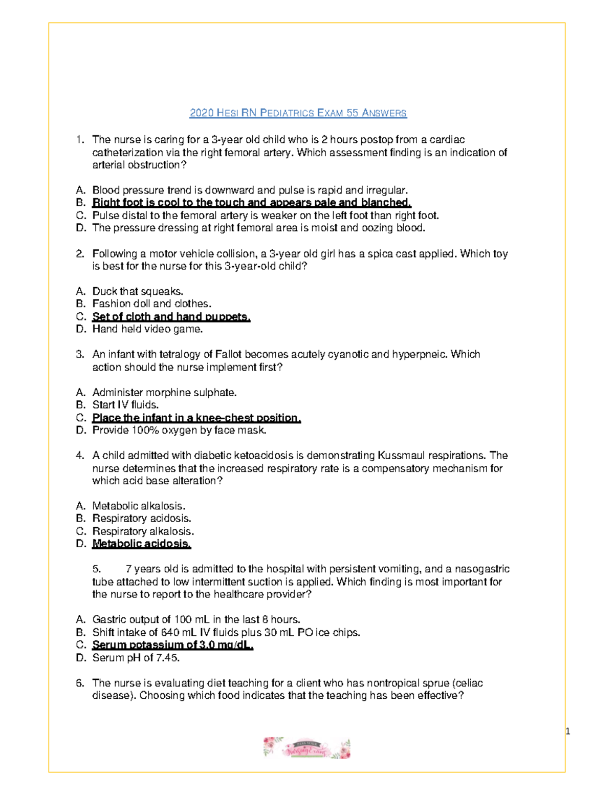 2020 HESI RN Pediatrics Exam: 55 Answers and Explanations - Studocu