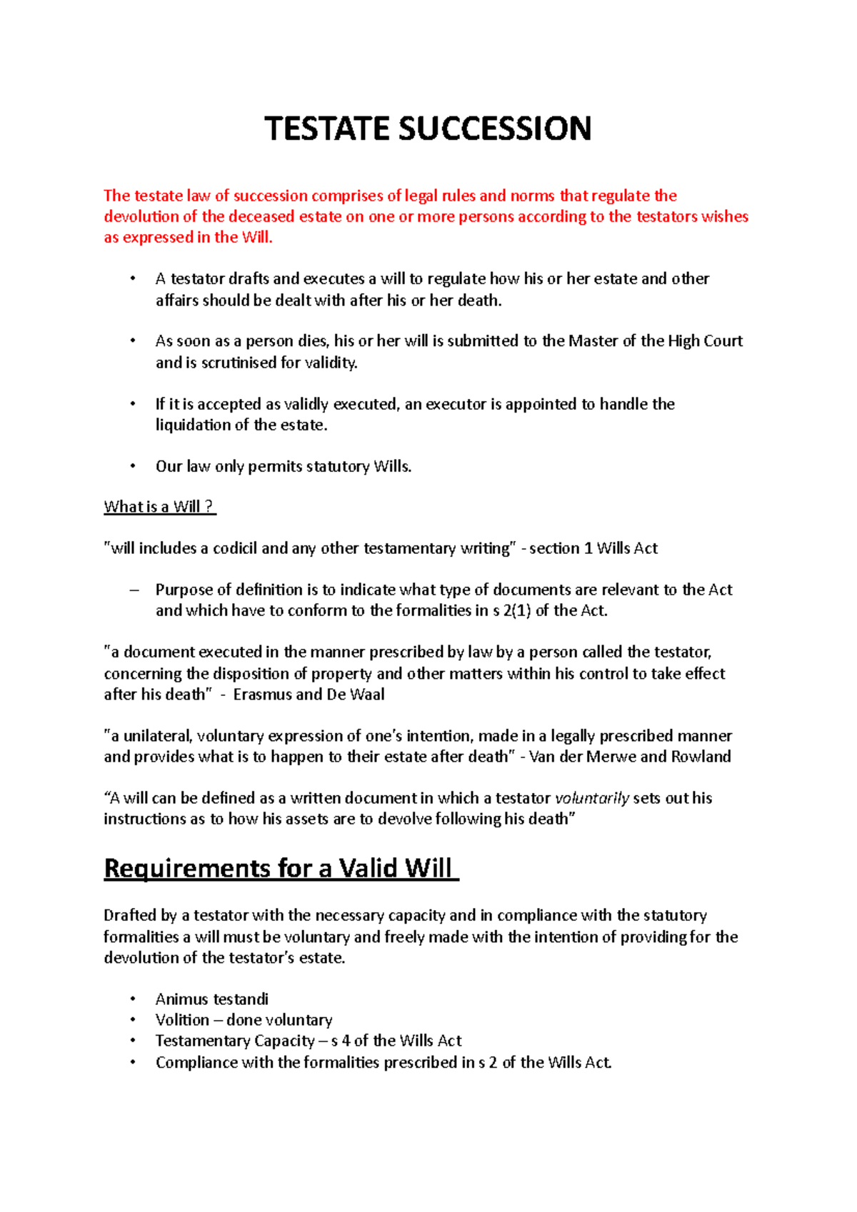 Testate Succession Notes: Key Principles and Legal Requirements - Studocu