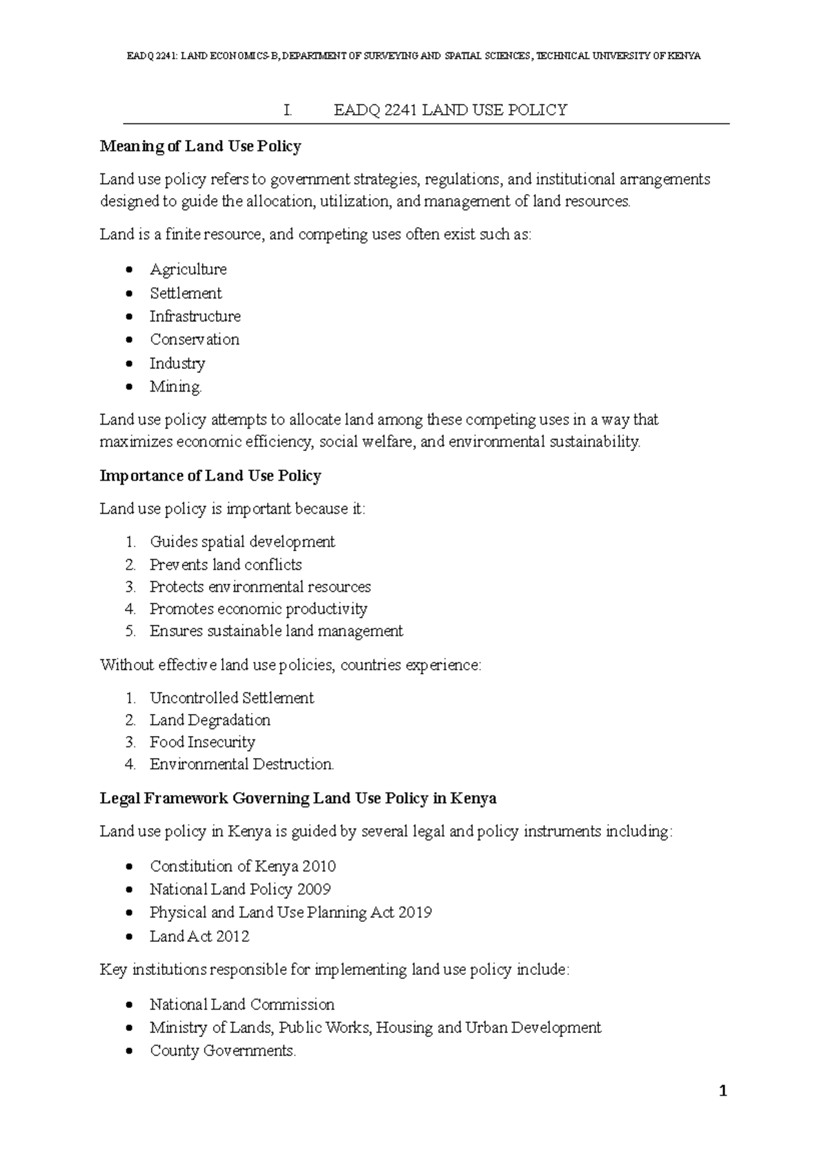 EADQ 2241: Land Use Policy Overview and Case Studies in Kenya - Studocu