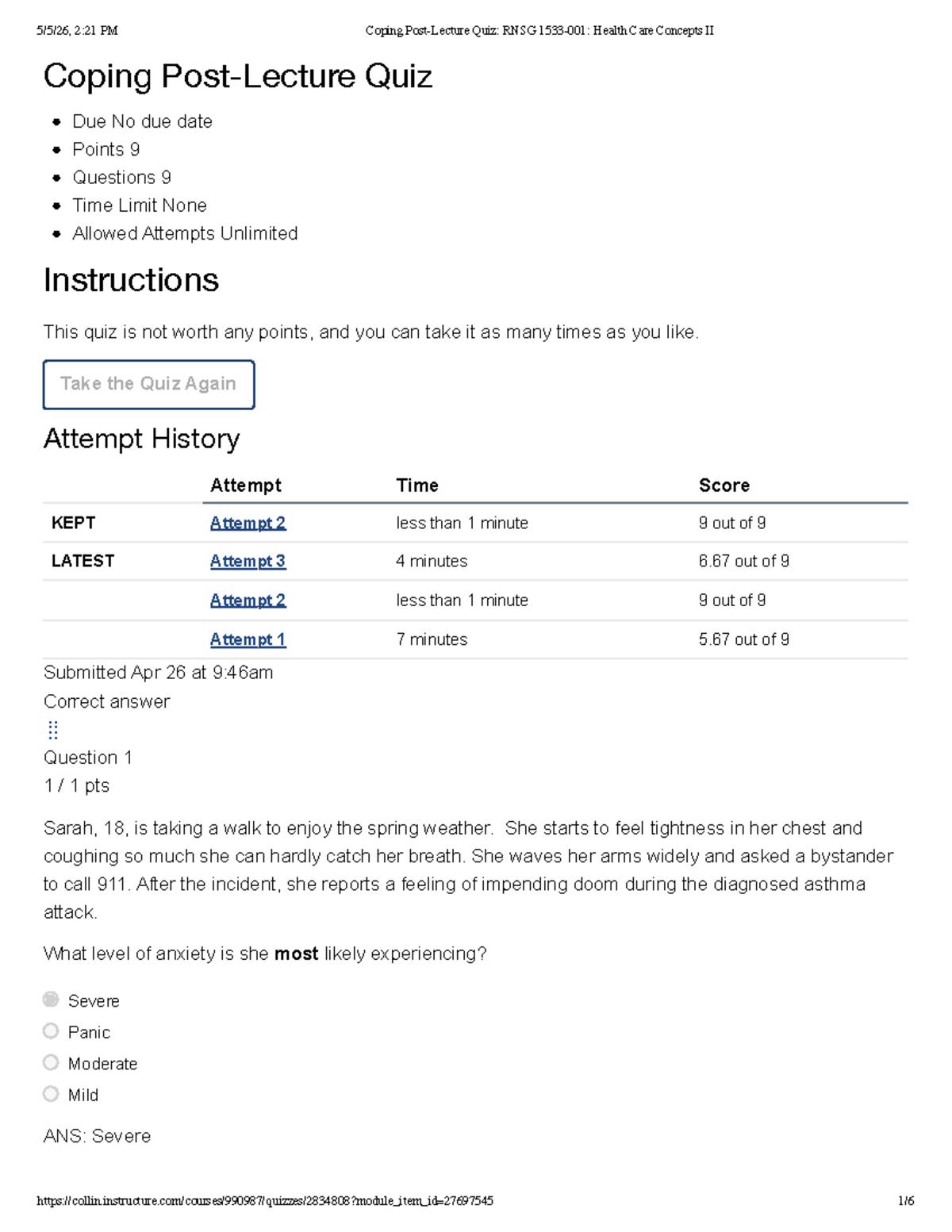 Coping Post-Lecture Quiz: RNSG 1533-001 Health Care Concepts II - Studocu