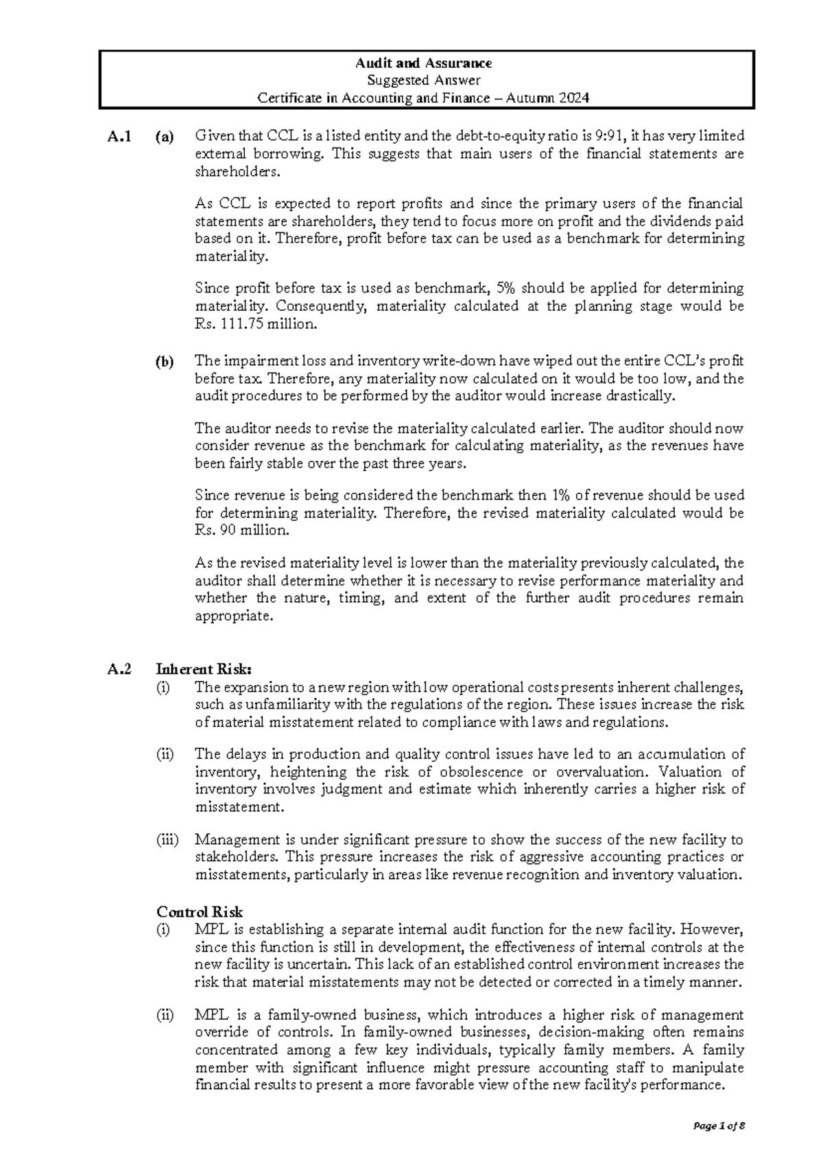 Audit and Assurance Suggested Answers - CAF-8 Autumn 2024 - Studocu