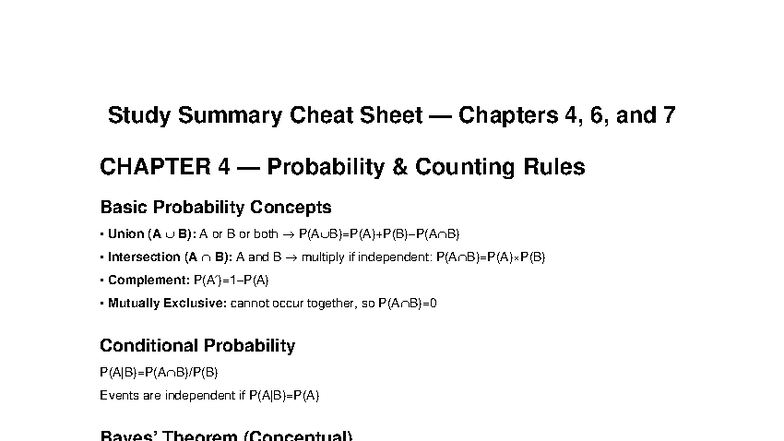 Ch4, 6, 7 Study Summary Cheat Sheet: Probability & Random Variables - Studocu
