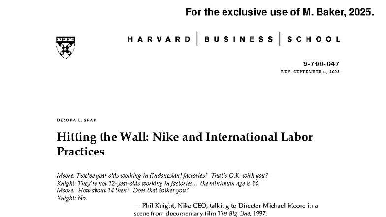Hitting the Wall: Nike's Labor Practices Case Study (700-047) - Studocu