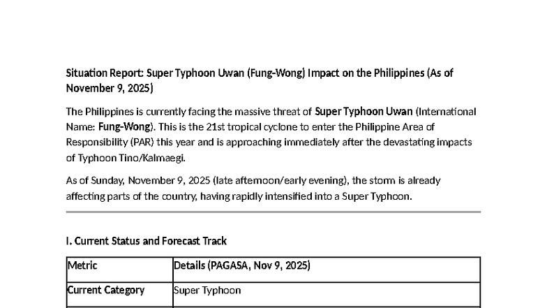 Situation Report: Super Typhoon Uwan's Impact on the Philippines (Nov 9 ...