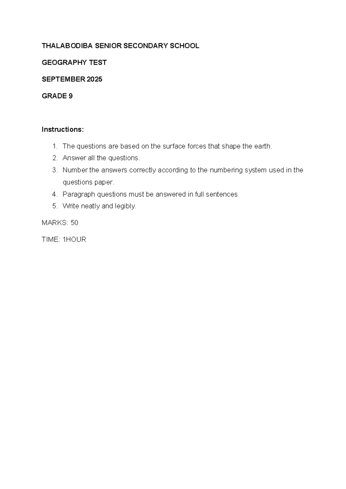 Grade 9 GEO Test: Surface Forces Shaping the Earth - Sept 2025 - Studocu