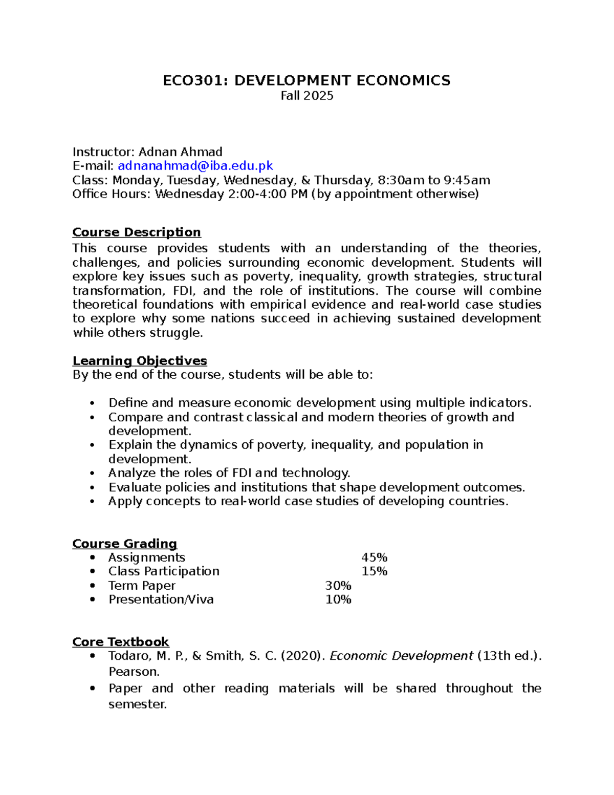 ECO301: Course Outline for Development Economics - Fall 2025 - Studocu