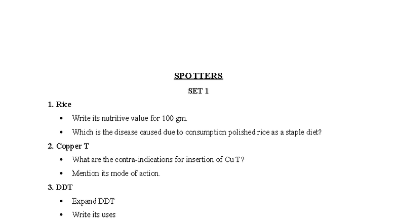 SPOTTERS SET 1-5: Nutritive Values, Disease Identification & Uses - Studocu