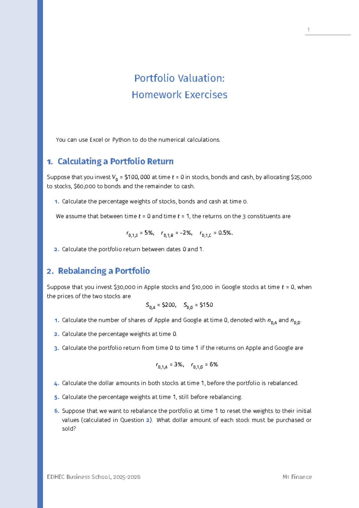 EDHEC M1 Finance: Portfolio Valuation Homework Exercises - Studocu