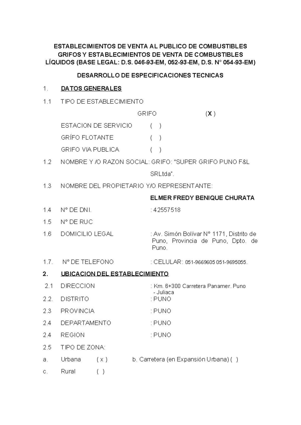 ESTUDIO DE GRIFO PUNO: ESPECIFICACIONES Y NORMATIVA LEGAL - Studocu