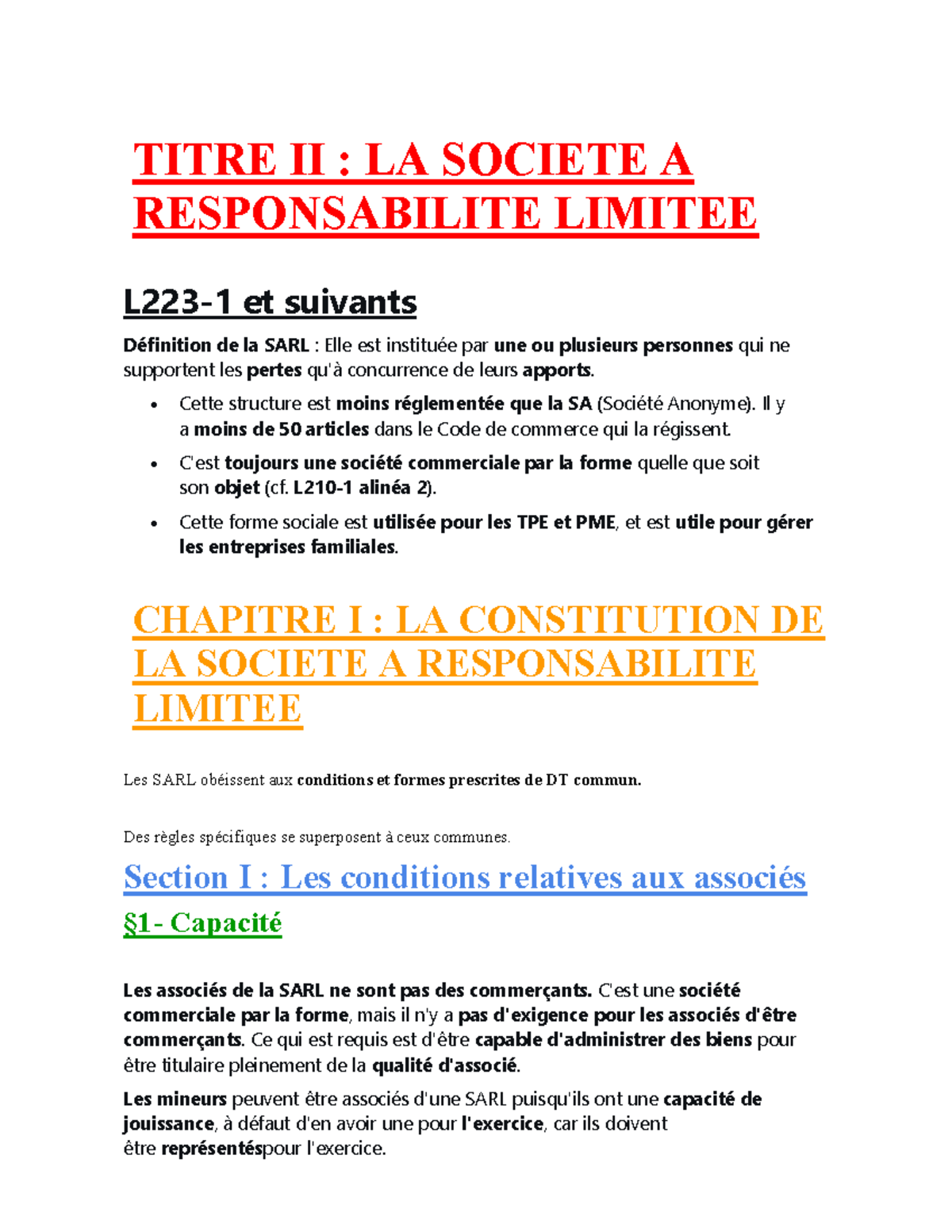 CM 2023 : La Société à Responsabilité Limitée (SARL) - Chapitre I - Studocu