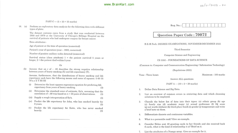 Foundation of Data Science - CS3352 Question Paper Nov-Dec 2022 - Studocu