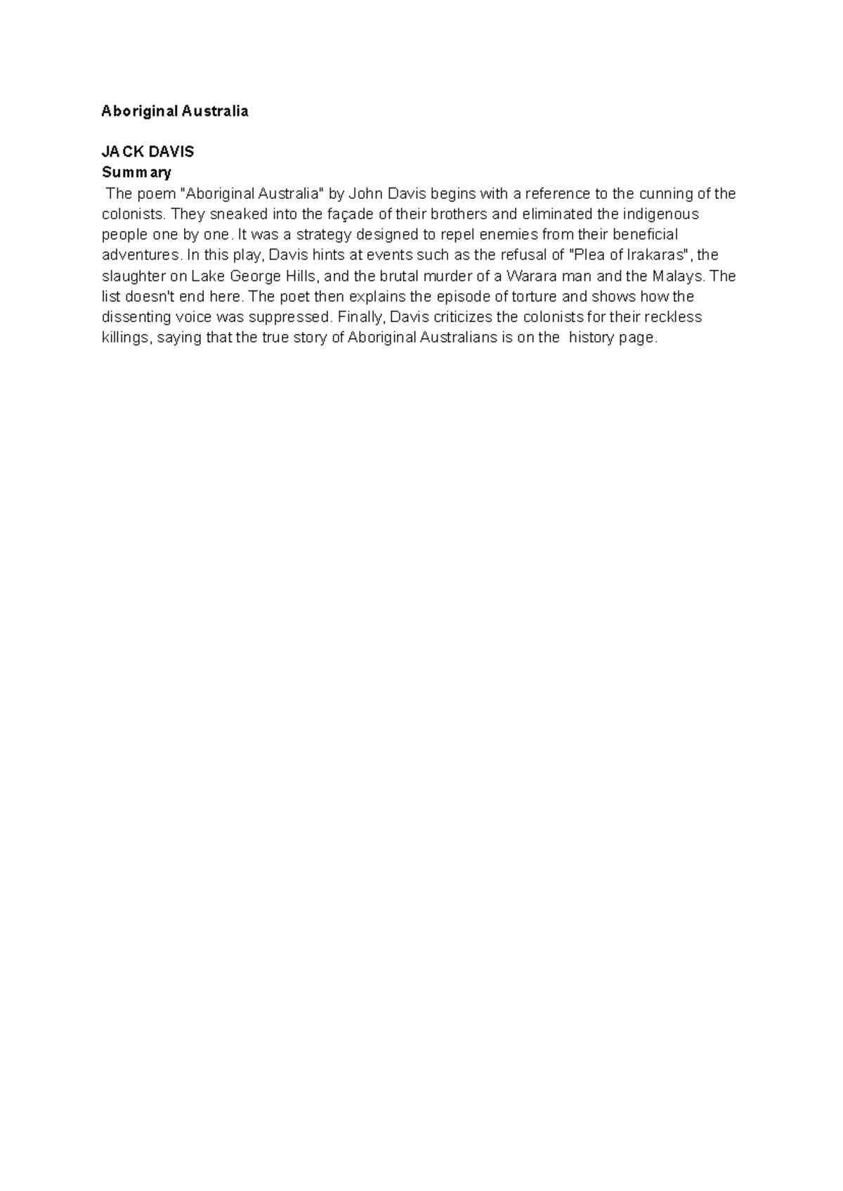 Aboriginal Australia - Summary - Aboriginal Australia JACK DAVIS ...