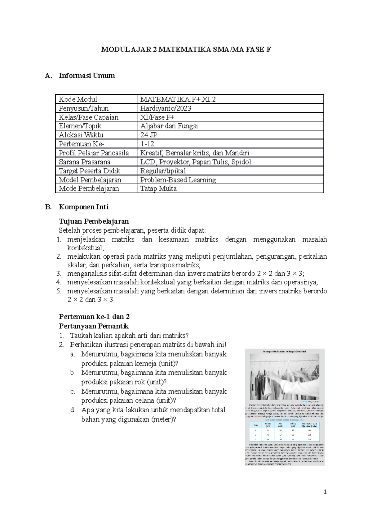 Modul Ajar 2 Matematika SMA FASE F: Matriks, Determinan & Invers - Studocu