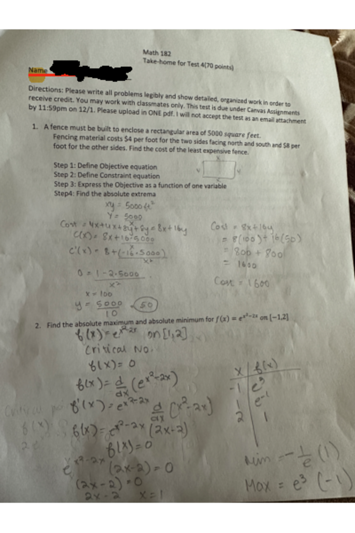 calculus Test review - Math 182 for Test 4(70 points) Name Directions ...