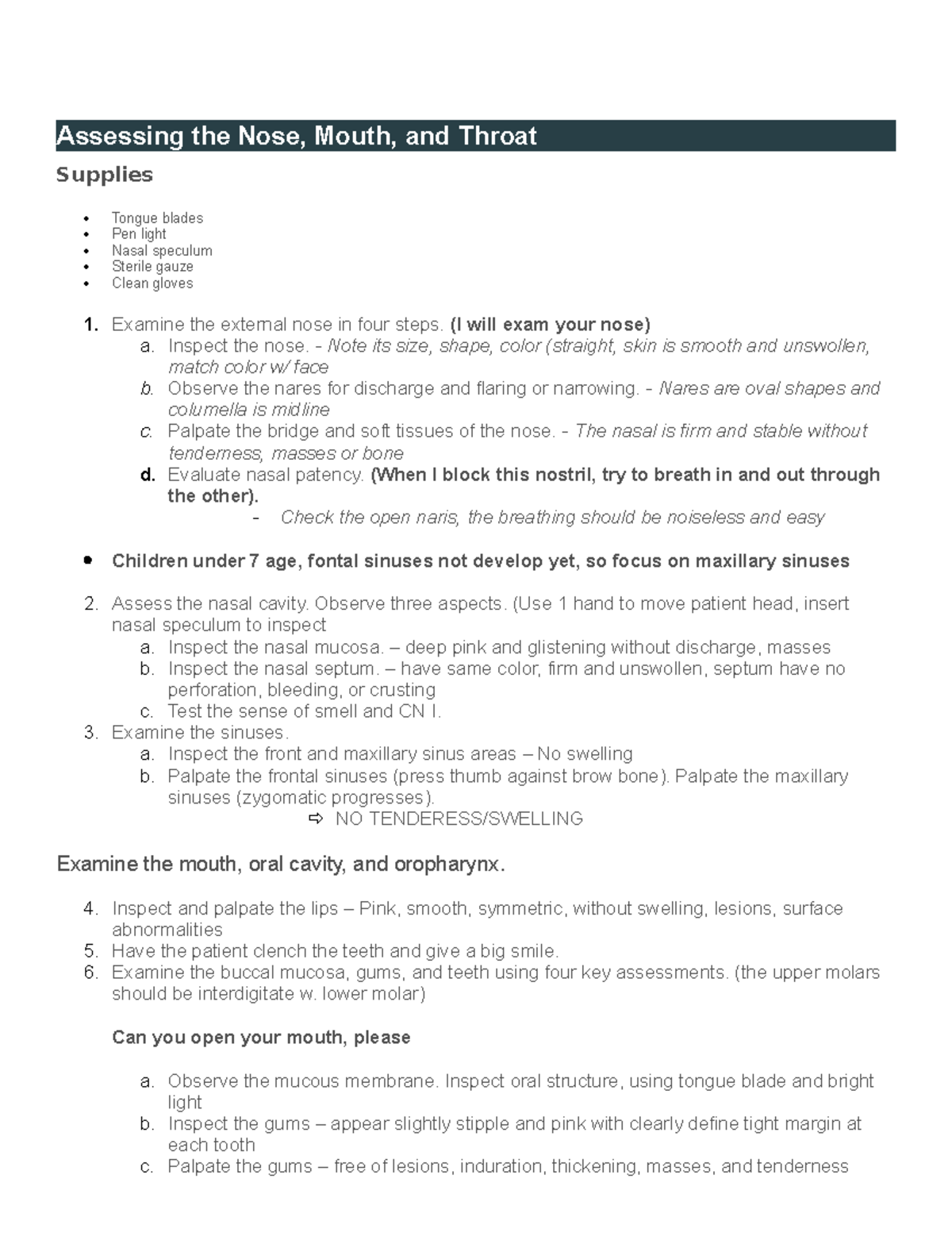 Clinical Note: Assessing Nose, Mouth, & Throat - Fundamentals 101 - Studocu