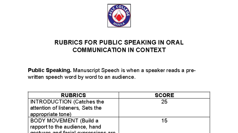 Rubrics FOR Public Speaking - RUBRICS FOR PUBLIC SPEAKING IN ORAL ...