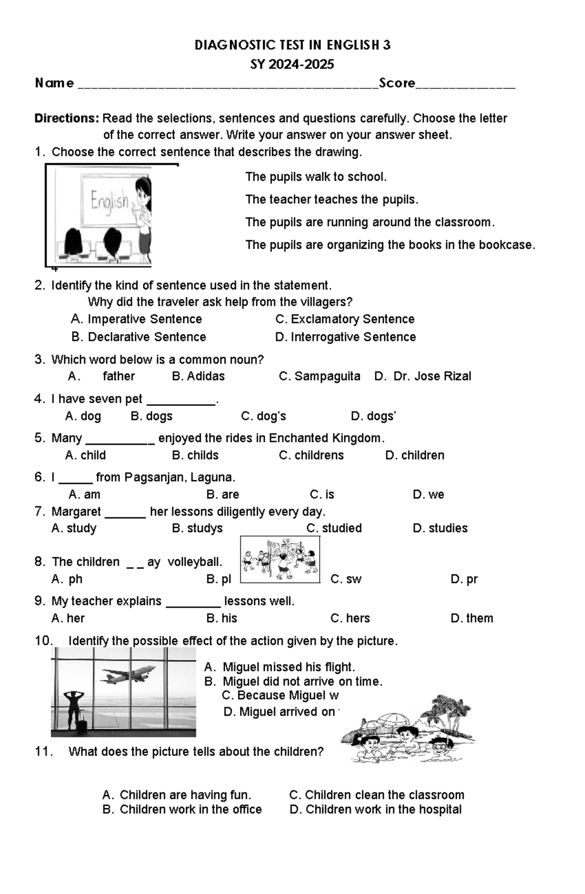 Science 3 Diagnostic Test: Understanding Matter and Living Things - Studocu