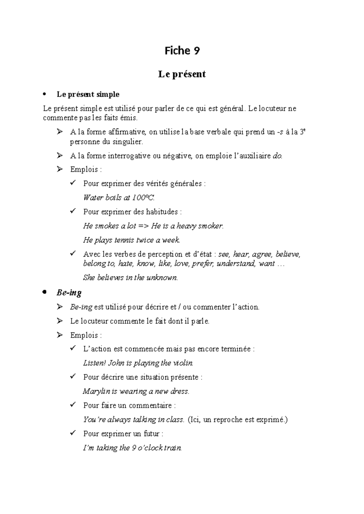 Fiche 9: Le Présent Simple - Utilisation et Exemples en Français - Studocu