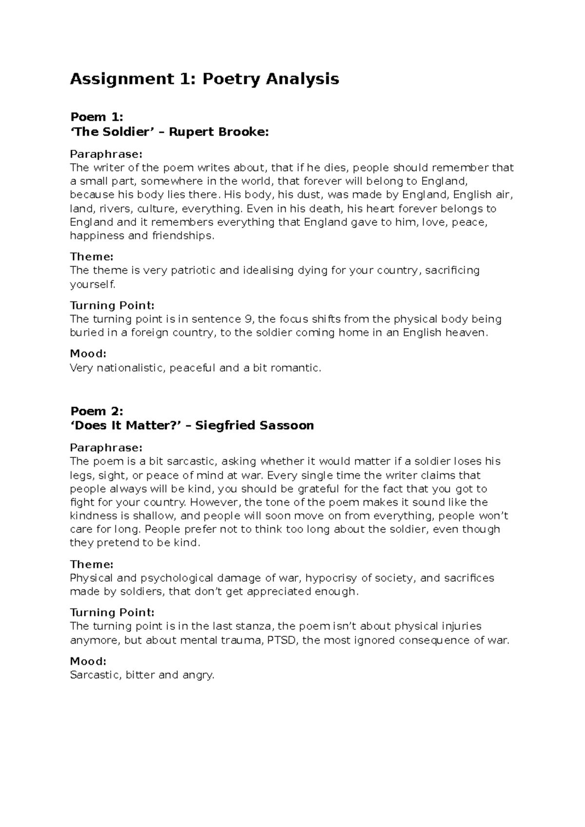 War Poetry Analysis: Assignment 1 on Rupert Brooke & Others - Studeersnel