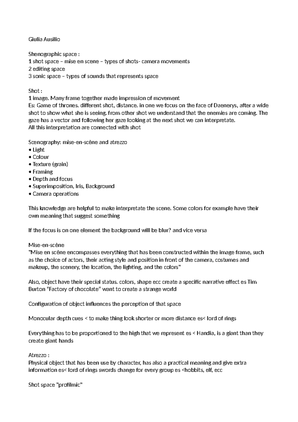 Shenographic Space: Camera Movements & Scene Interpretation Notes - Studocu