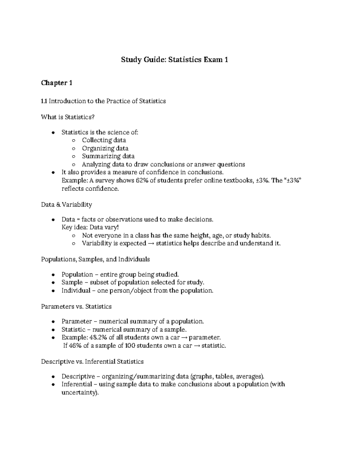 Study Guide: Statistics Exam 1 (Chapters 1-5 Overview) - Studocu