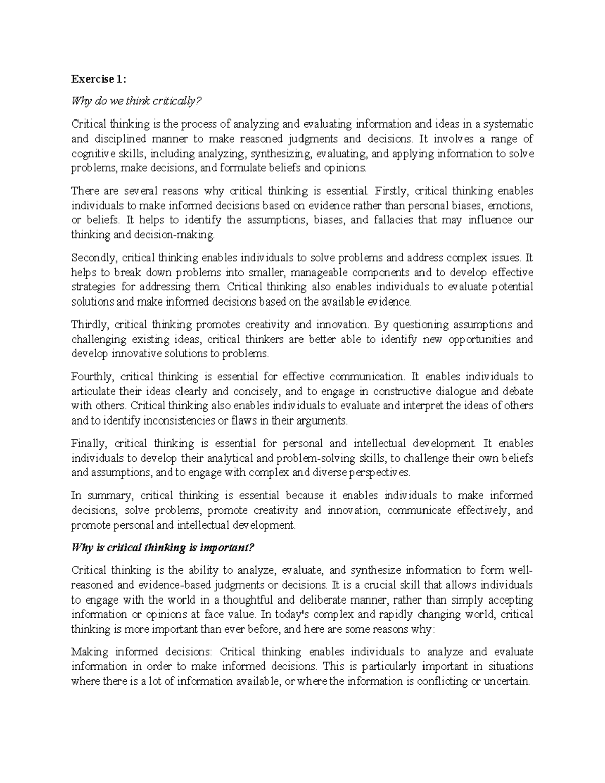 Midterm Exam: The Importance of Critical Thinking Skills - Studocu