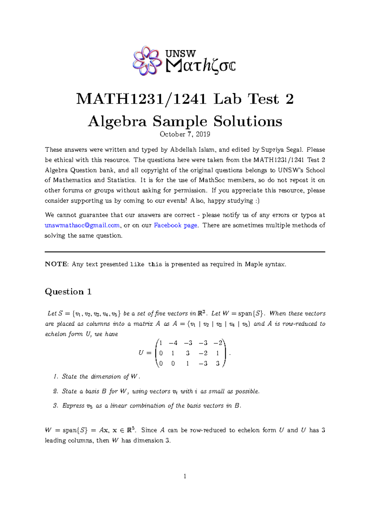 MATH1231 1241 Labtest 2 Algebra - MATH1231/1241 Lab Test 2 Algebra ...