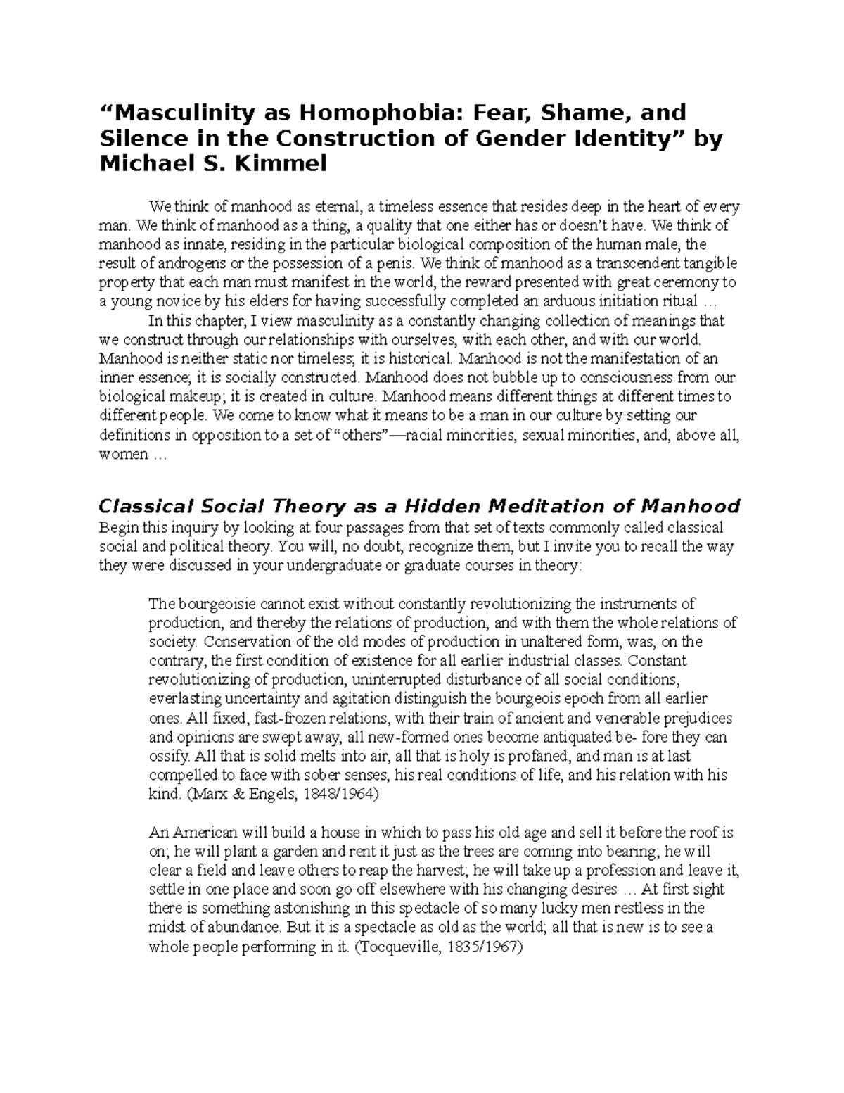 Michael Kimmel's Insights on Masculinity as Homophobia - Studocu