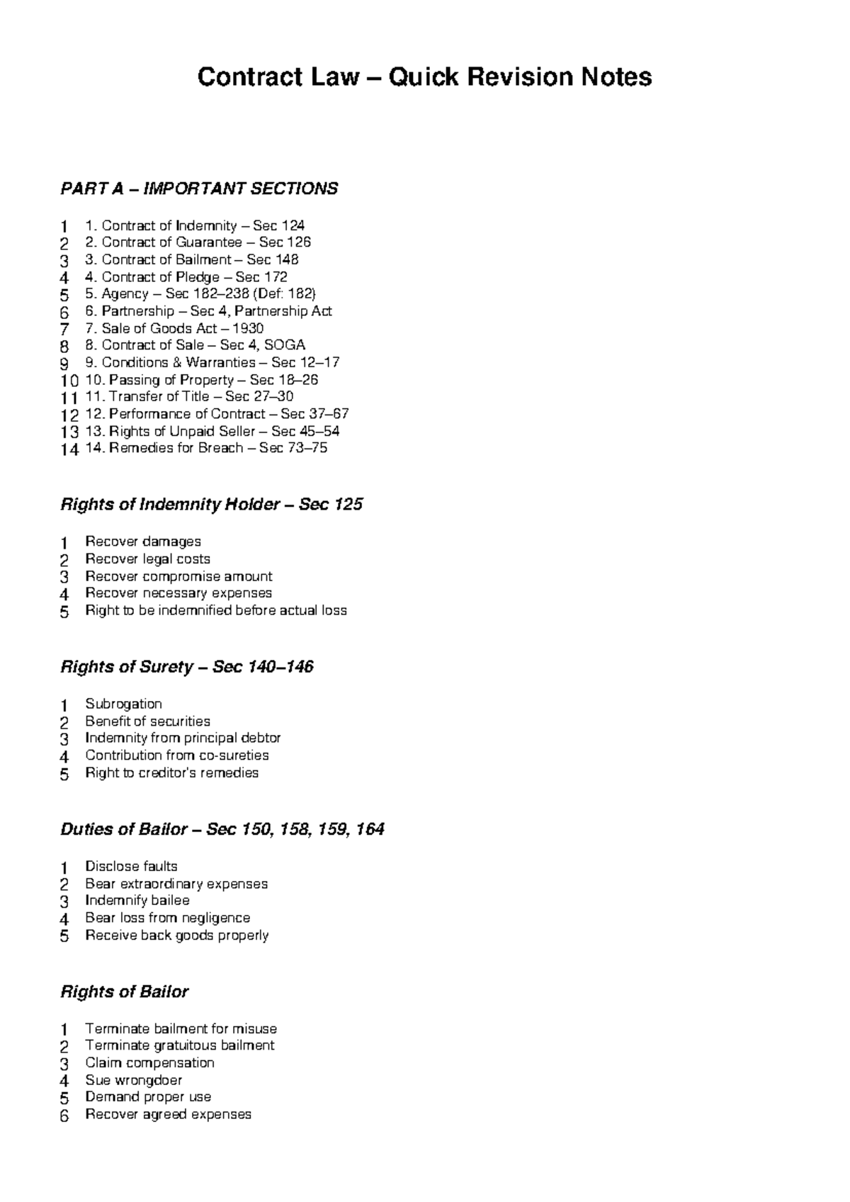 Contract Law Quick Revision Notes: Key Sections & Rights - Studocu