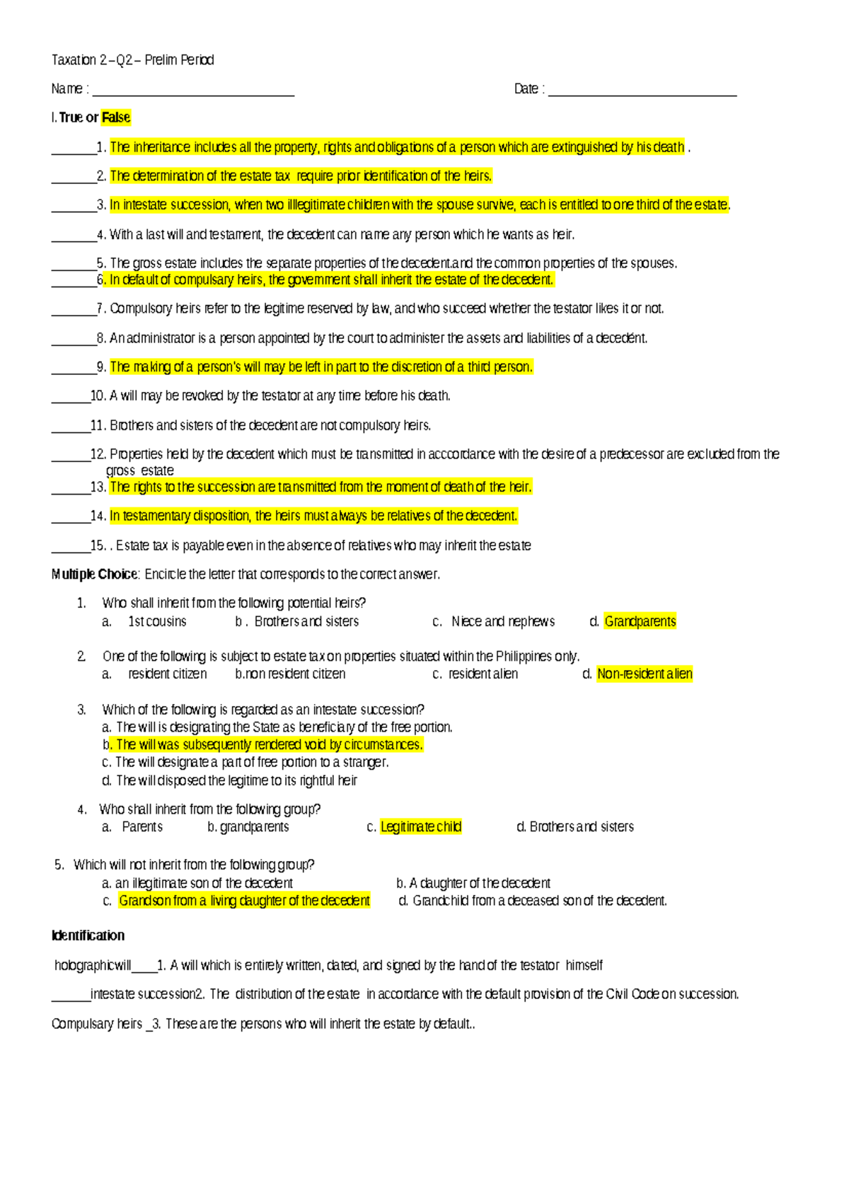 Tax 2 Quiz 2B: Prelim Period with Answer Key and Review Questions - Studocu