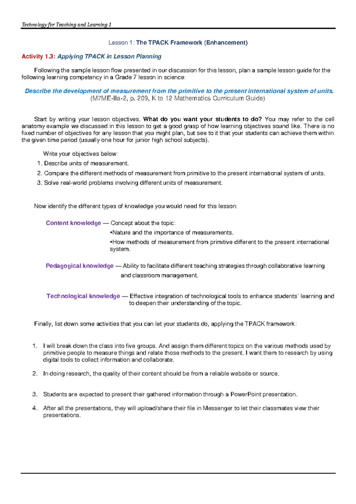 Lesson 1 - Tpack Framework in Lesson Planning - Technology for Teaching ...