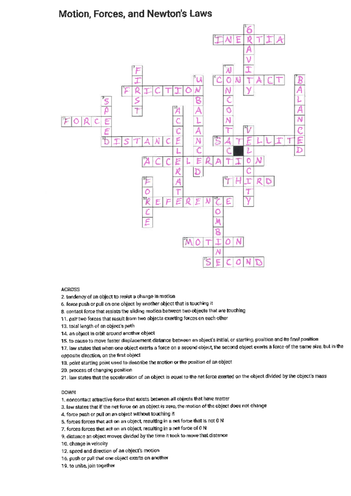 Vocabulary Crossword Puzzle: Motion, Forces & Newton's Laws (JH-Science ...