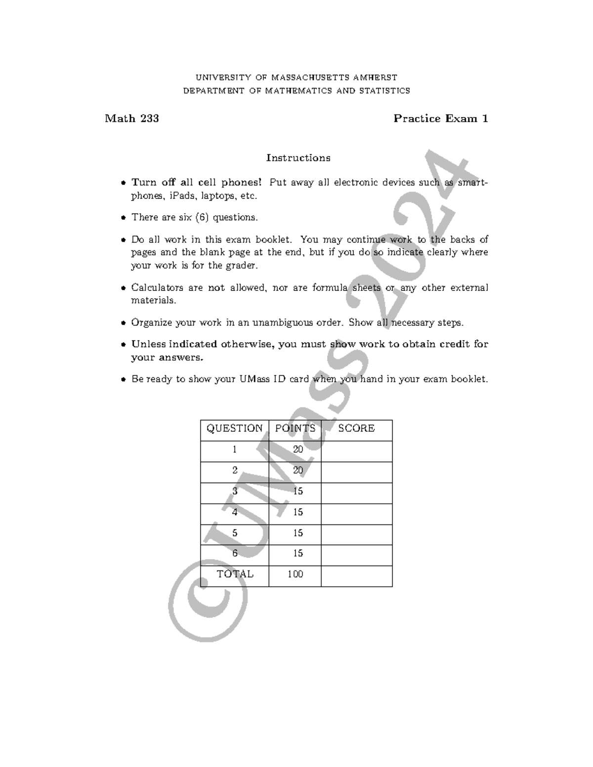 Math 233 Midterm Practice Exam 1 - UMass Amherst 2024 - Studocu