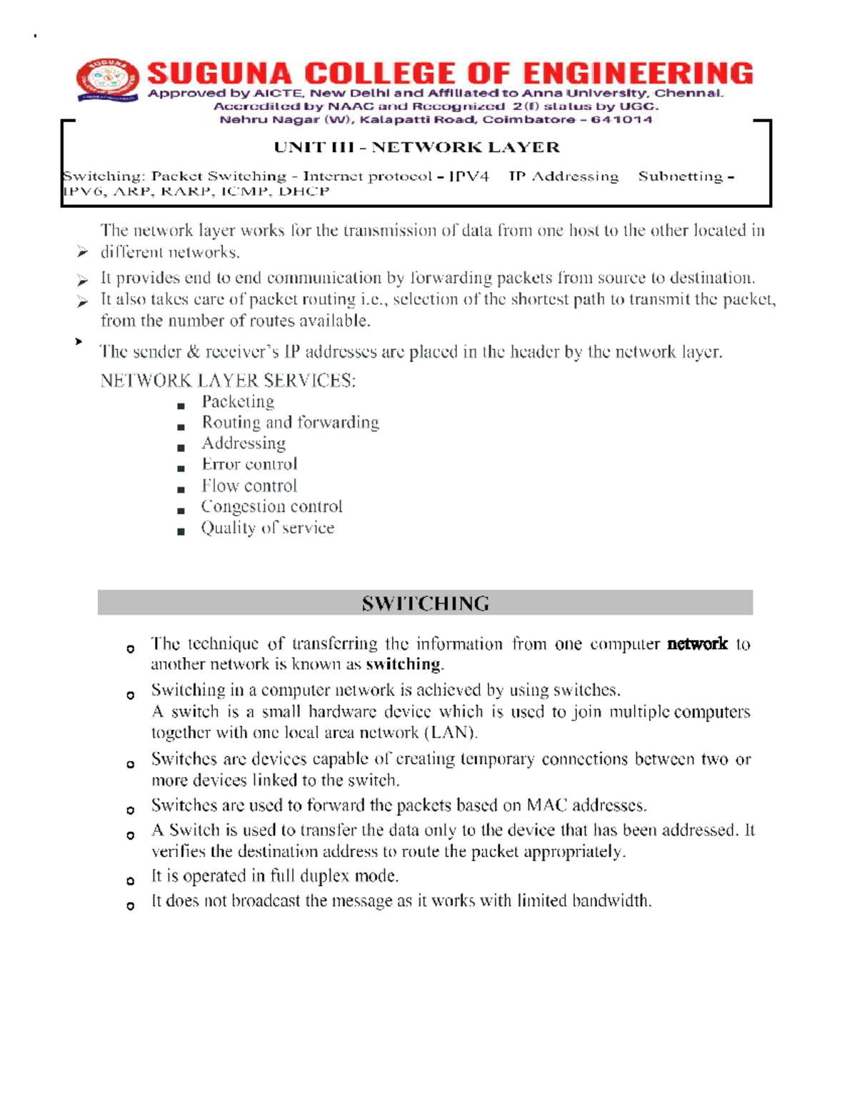 CS3591 Unit 3: Network Layer and Packet Switching Notes - Studocu