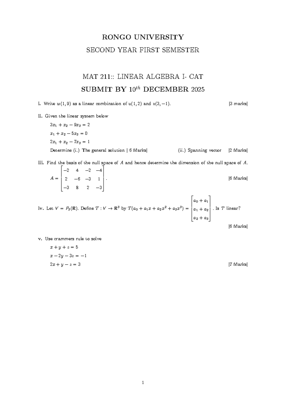 MAT 211 - Linear Algebra CAT Notes for 2nd Year Semester 1 - Studocu