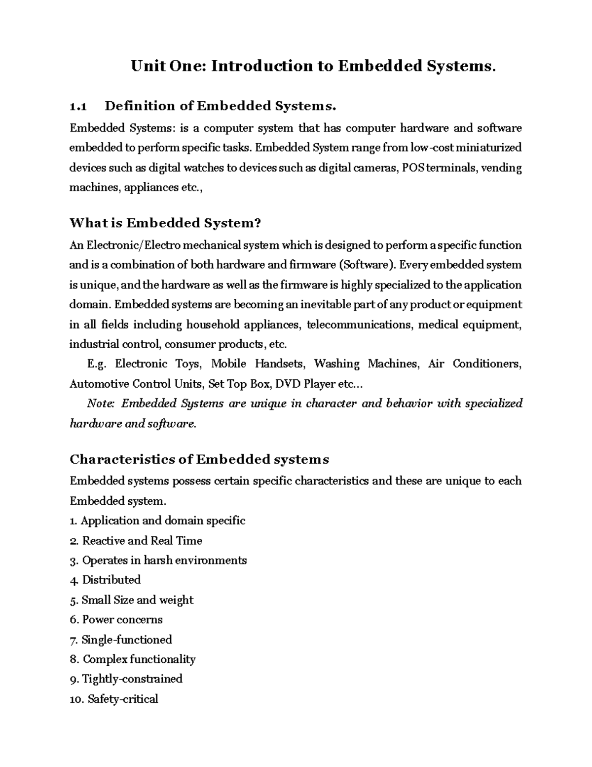 Embedded Systems: Unit 1 - Introduction and Key Concepts - Studocu