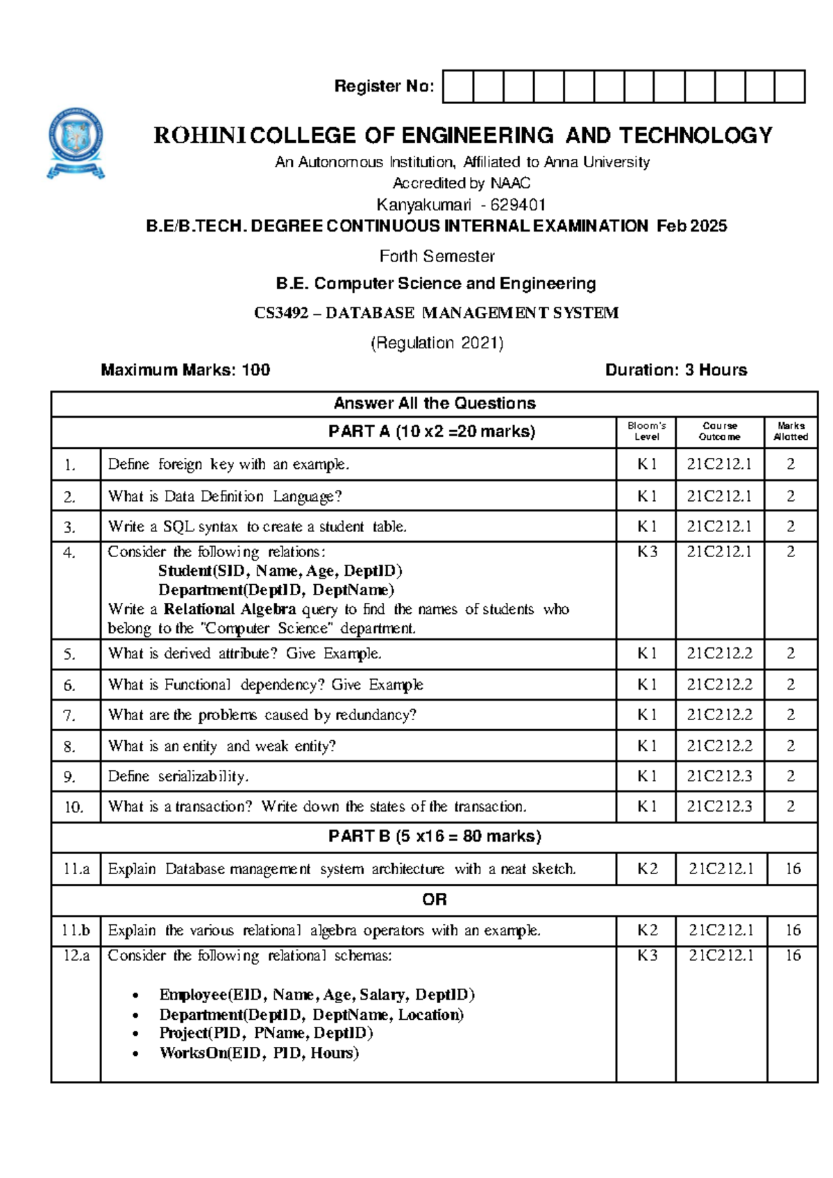 CS3492 Database Management System - Continuous Internal Exam Feb 2025 ...