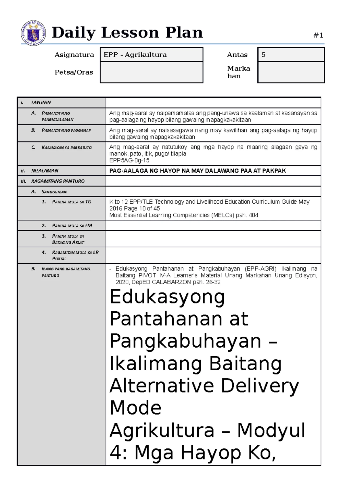 Fil3-1 Daily Lesson Plan: Mga Elemento ng Kuwento para sa Antas 3 - Studocu