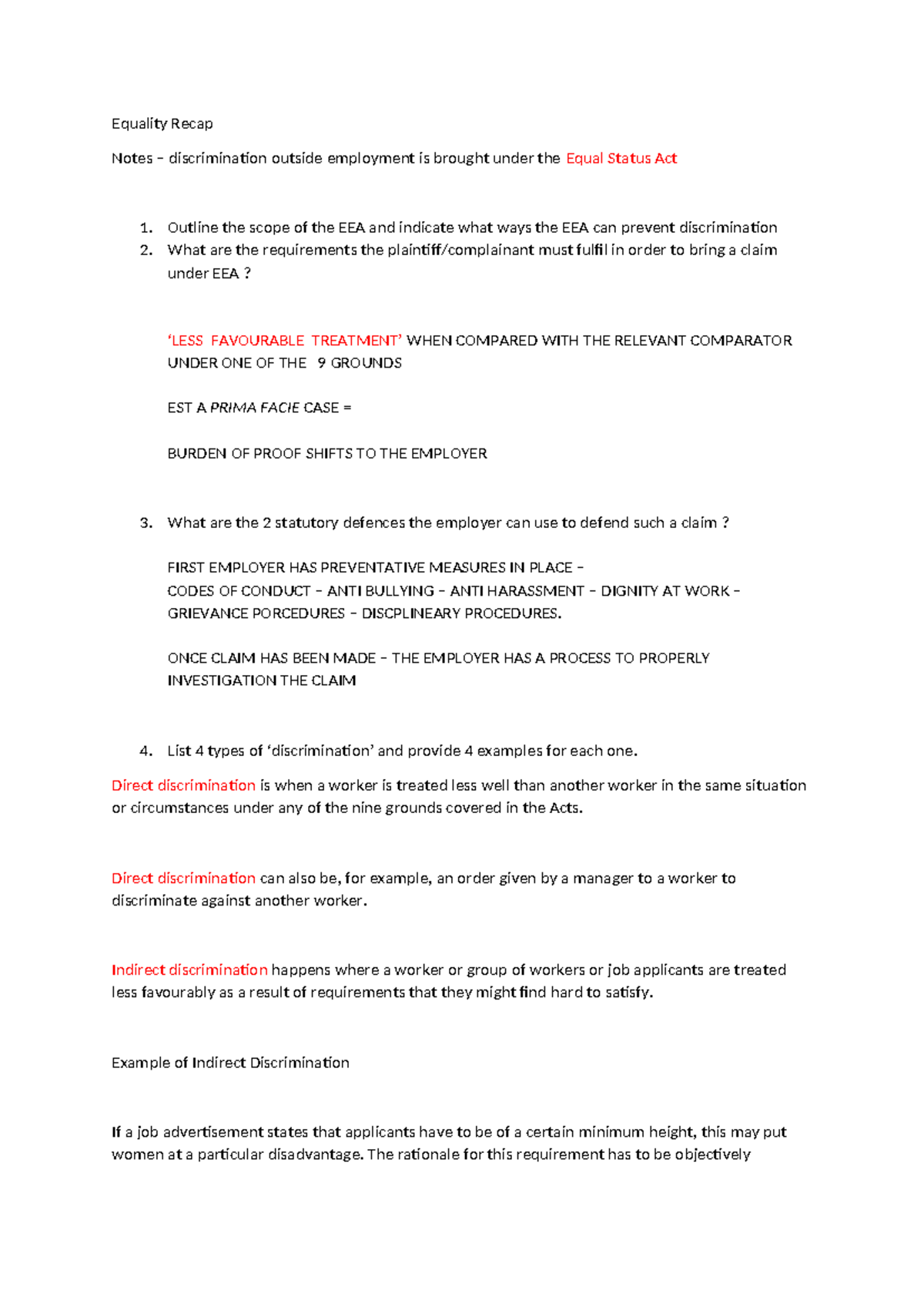Equality Recap Notes: Understanding the Equal Status Act (EEA) - Studocu