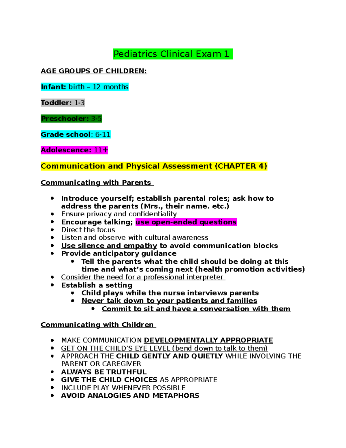 Peds Clinical study guide - Pediatrics Clinical Exam 1 AGE GROUPS OF ...