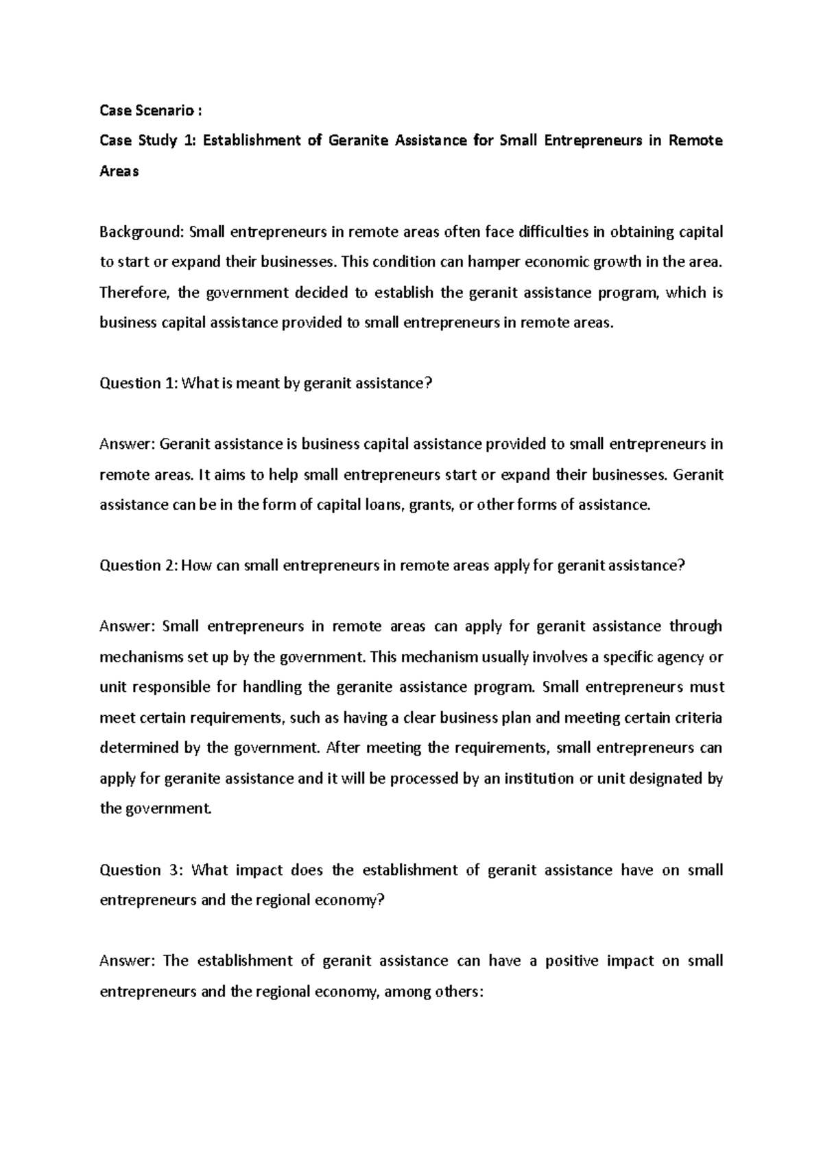 Case Scenario Establishment of Geranite Assistance for Small ...