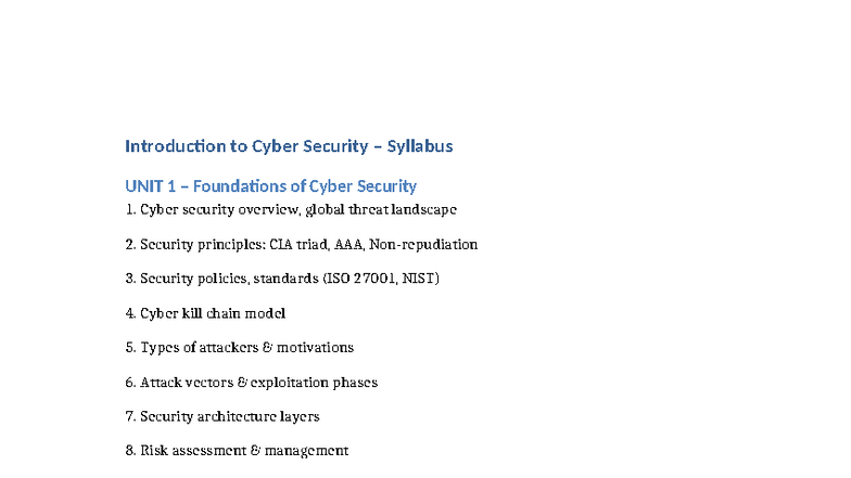 Syllabus 1: Intro to Cyber Security - Foundations & OS Security - Studocu