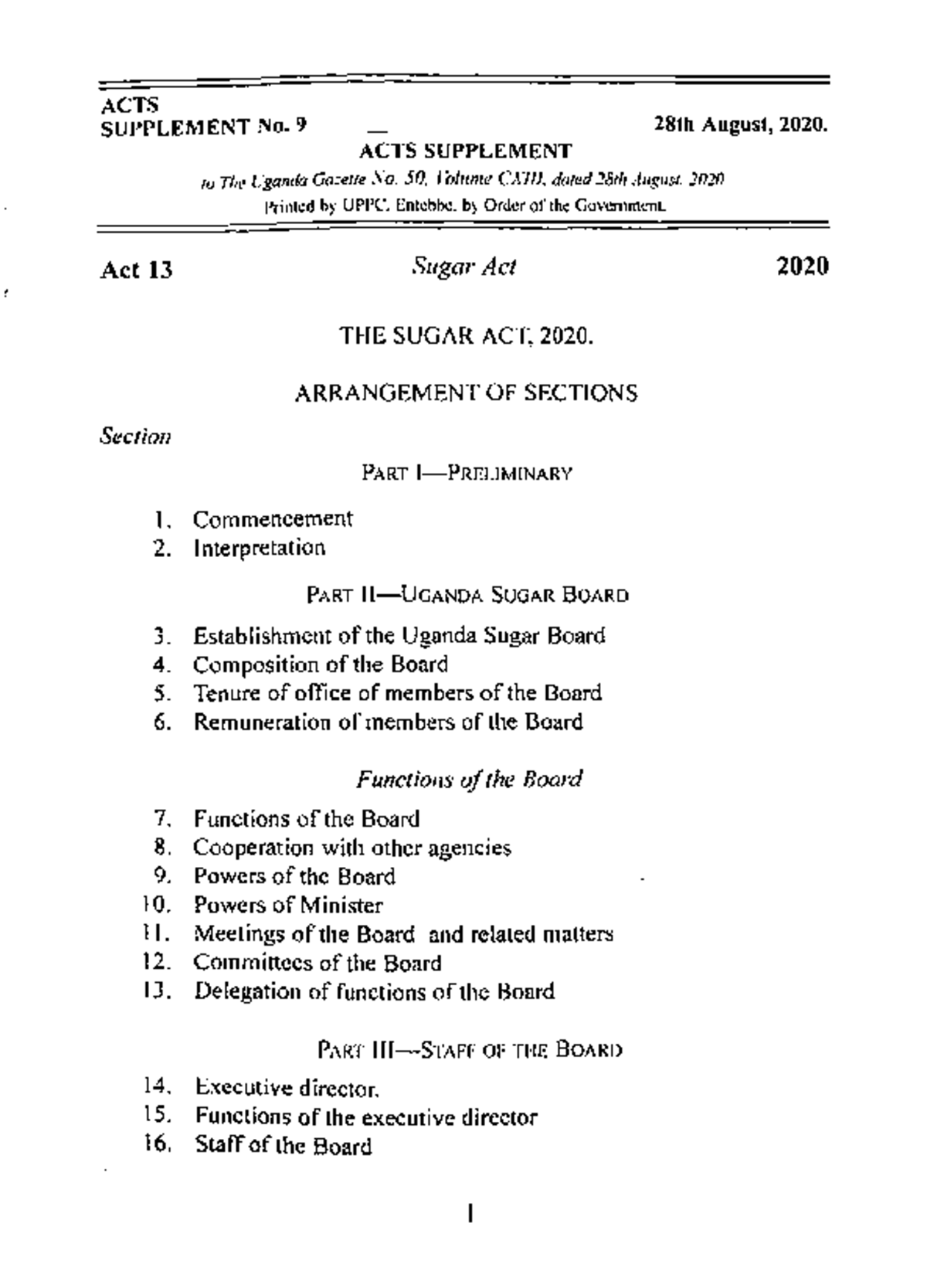 Sugar Act 2020 - Supplement No. 9 to Uganda Gazette - Studocu