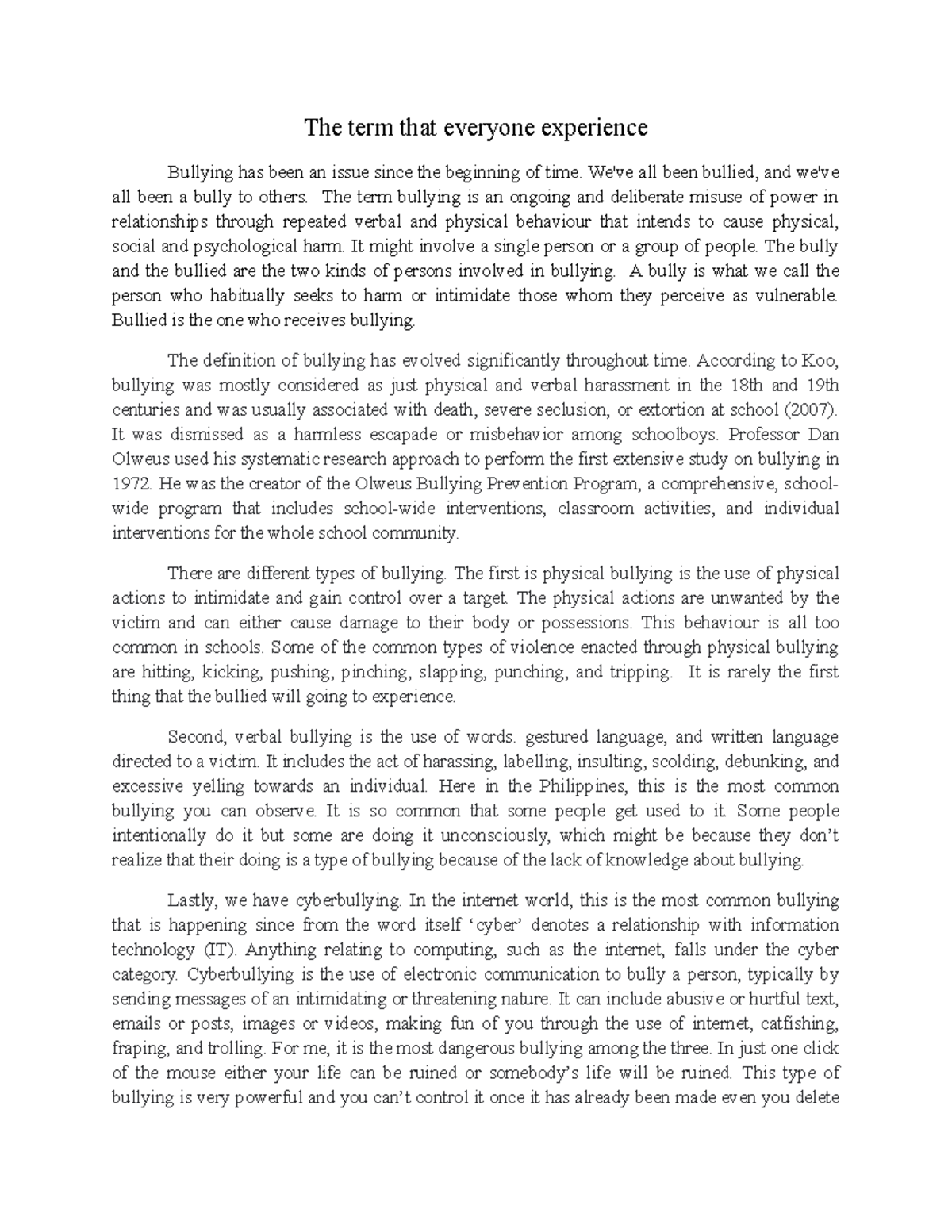 Concept Paper 2: Understanding Bullying and Its Impacts - Studocu