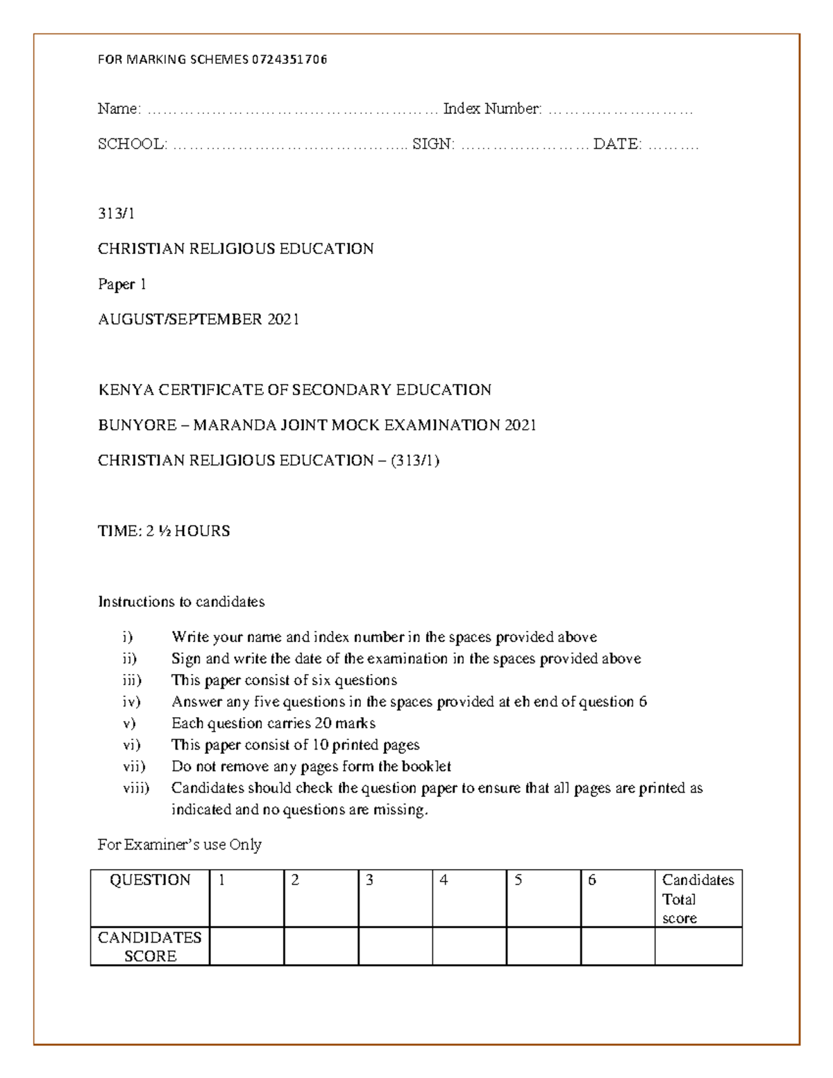 BUMA CRE - Marking Scheme for 2021 Joint Mock Exam - Studocu