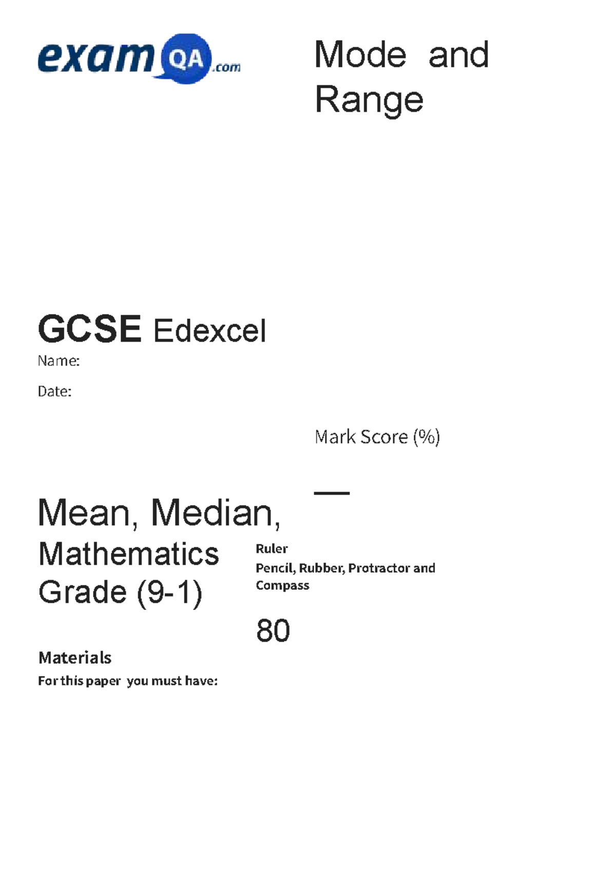 GCSE Edexcel Mean, Median, Mode & Range Worksheet - Studocu