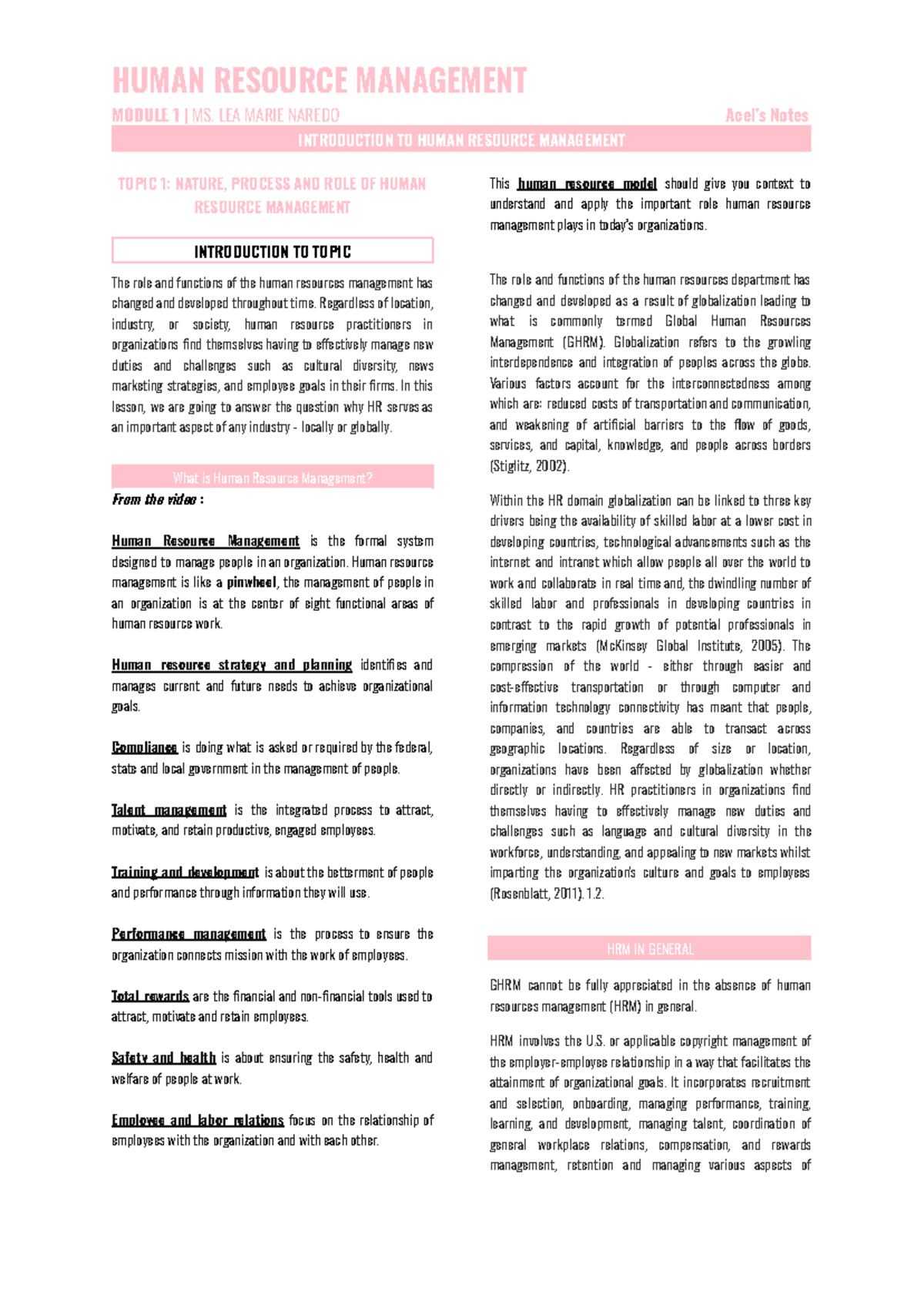 Humanrem 123 - Comprehensive Notes on Human Resource Management - Studocu